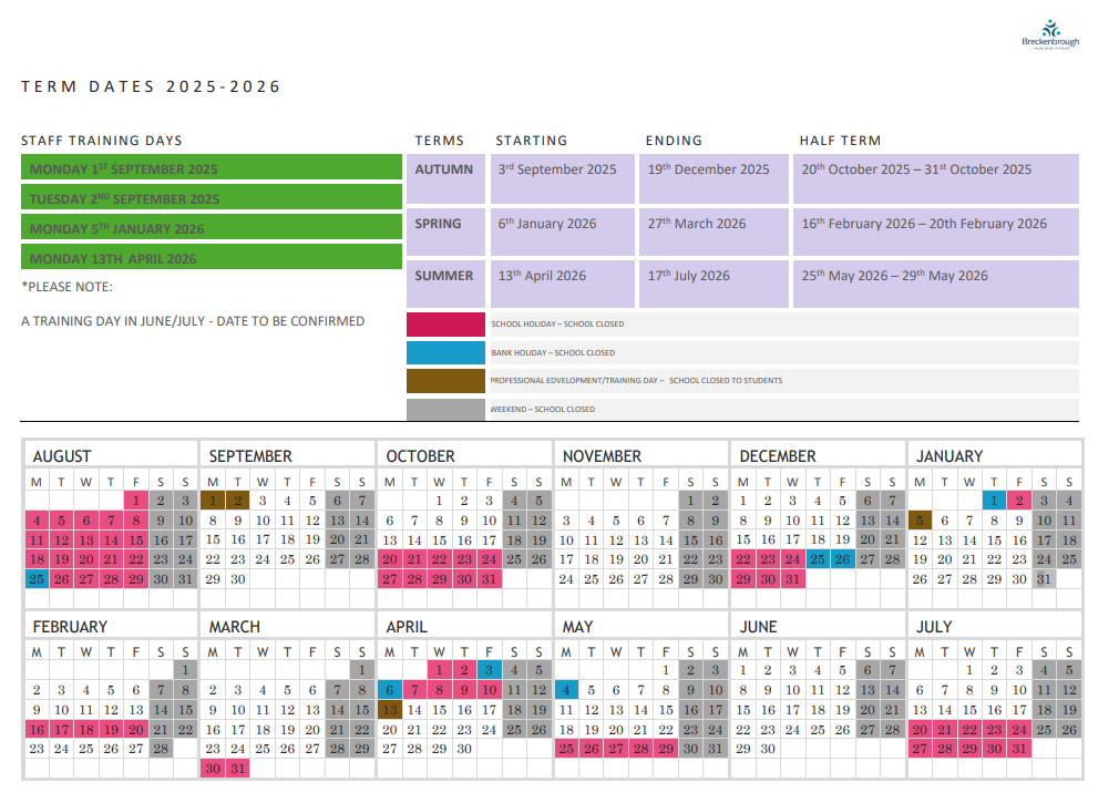 This years term dates - Breckenbrough School